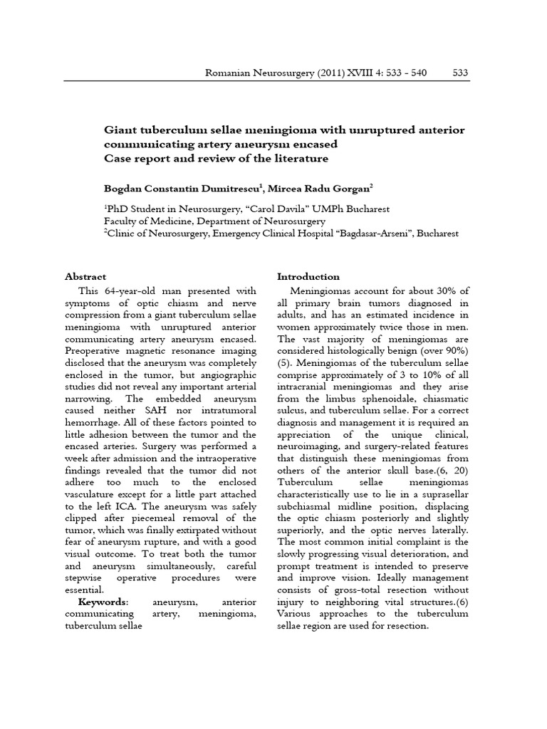 Giant Tuberculum Sellae Meningioma (RN, 2011) | PDF | Brain Tumor ...