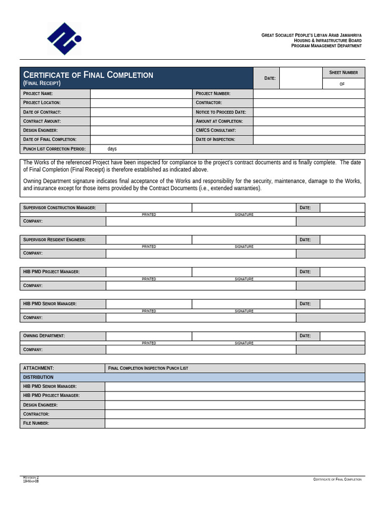 AECOM Libya Certificate of Final Completion - Dot | PDF