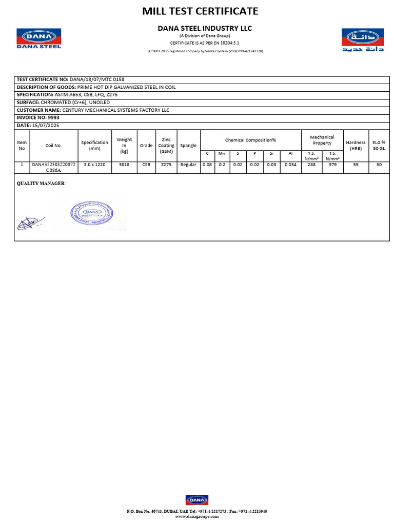 Mill Test Certificate for Century LLC | PDF