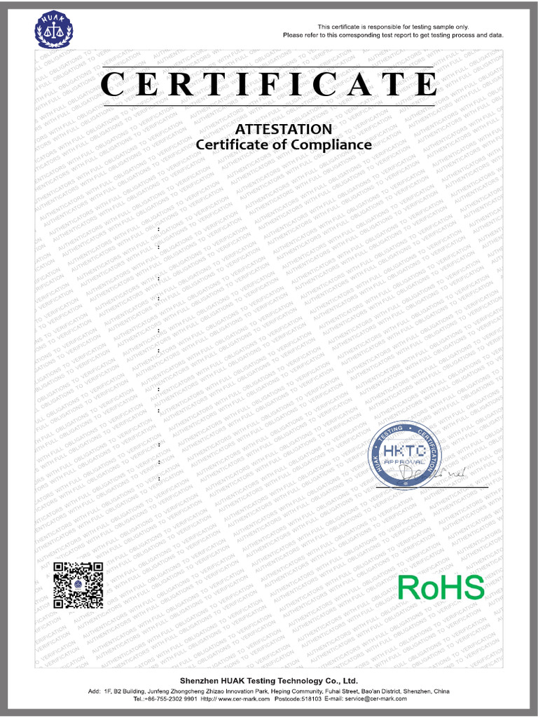 RoHS Compliance Certificate for UNIQSCAN Metal Detectors | PDF
