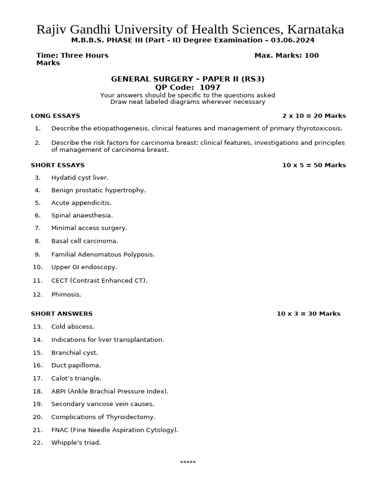 M.B.B.S. General Surgery Exam Paper 2024 | PDF