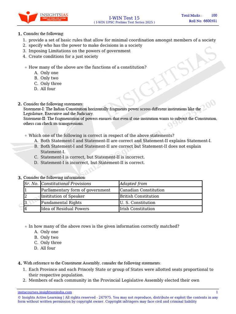 I-WIN Test 15-Questions-08-Mar-25 | PDF | Copyright | Constitution