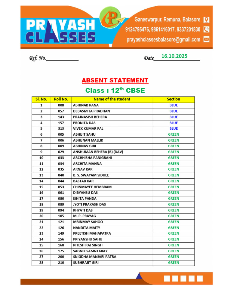 Absent Statement for 12th CBSE Students | PDF