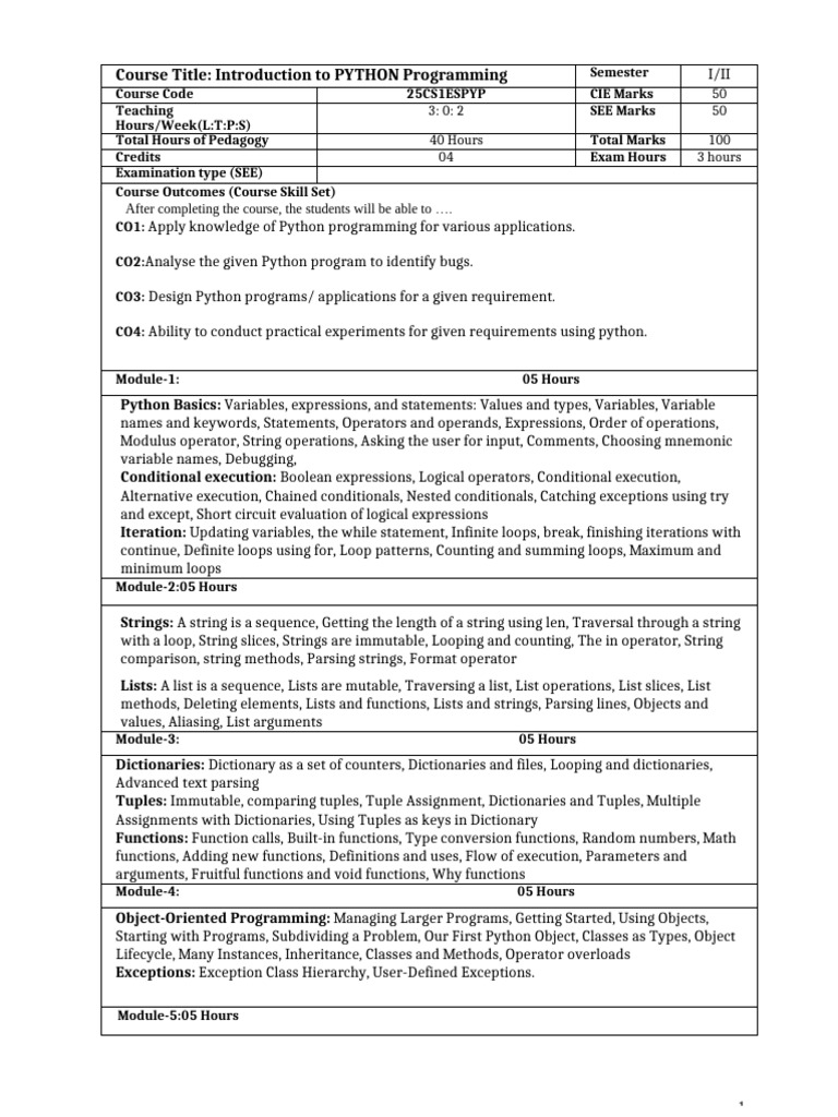 SYLLABUS Introduction to PYTHON Programming_22CS1ESPYP-11!9!2025 | PDF ...
