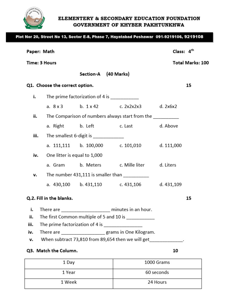 Class 4 Math Paper | PDF | Elementary Mathematics | Discrete Mathematics