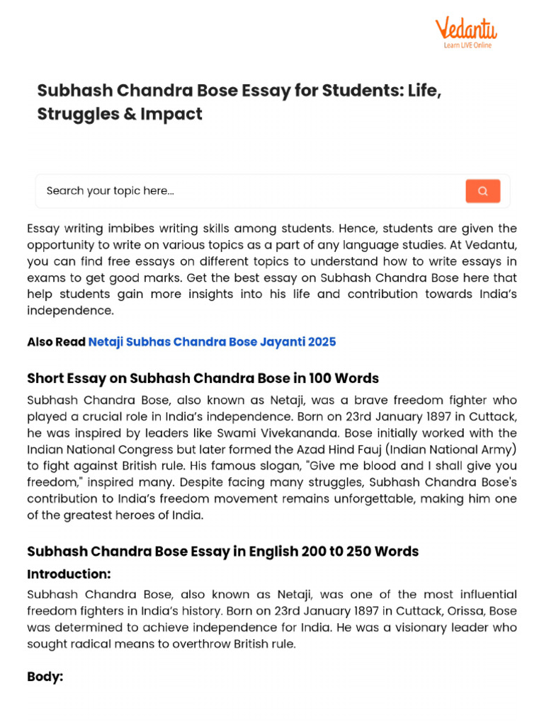 Subhash Chandra Bose Essay For Students - Life, Struggles & Impact | PDF