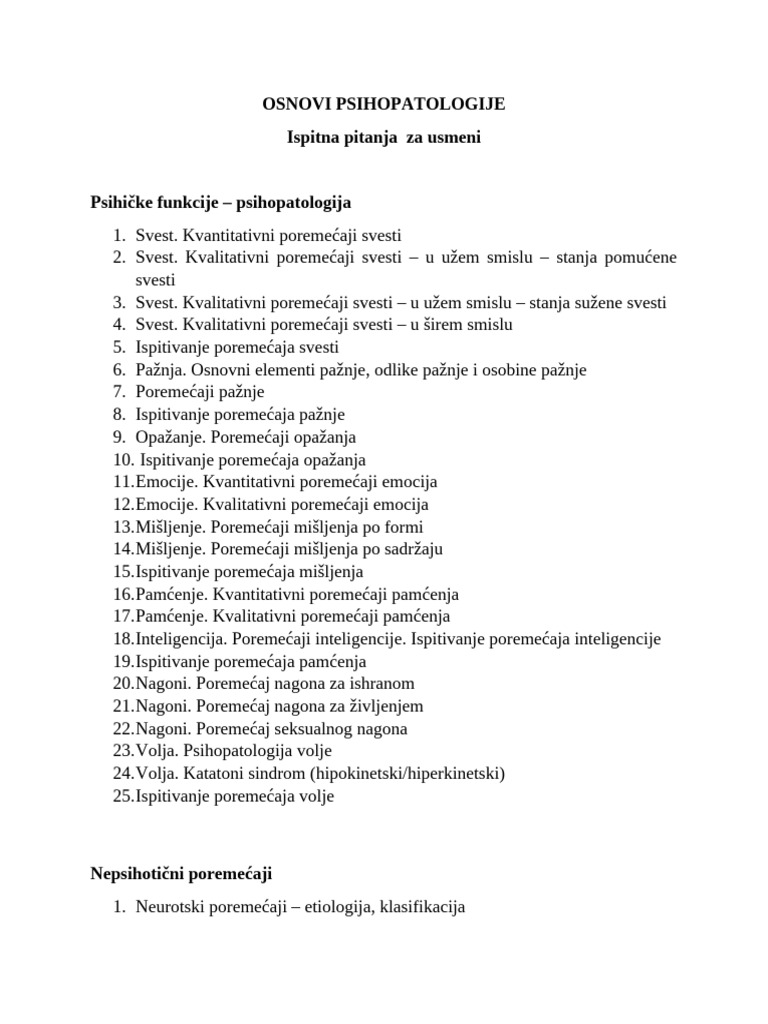 Ispitna Pitanja - Osnovi Psihopatologije | PDF