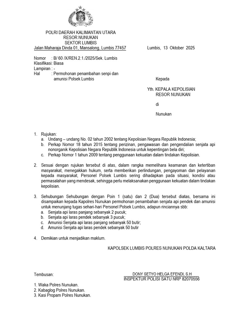 Permohonan Penambahan Senpi Polsek Lumbis | PDF