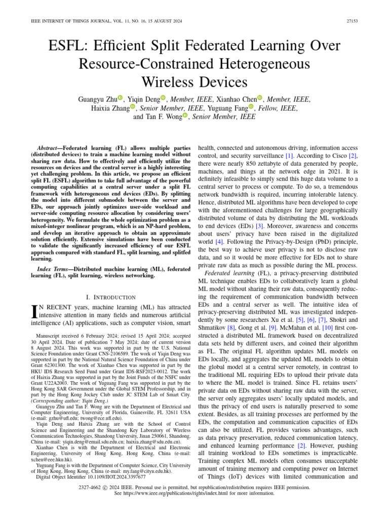 ESFL Efficient Split Federated Learning Over Resource-Constrained Heterogeneous Wireless Devices ...