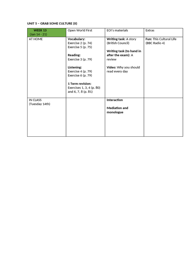 UNIT 5 Grab Some Culture (II) Plan Week 13 | PDF