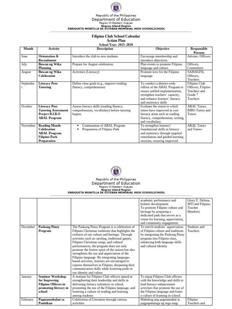 Filipino Club 2025-2026 Action Plan | PDF | Literacy | Reading ...