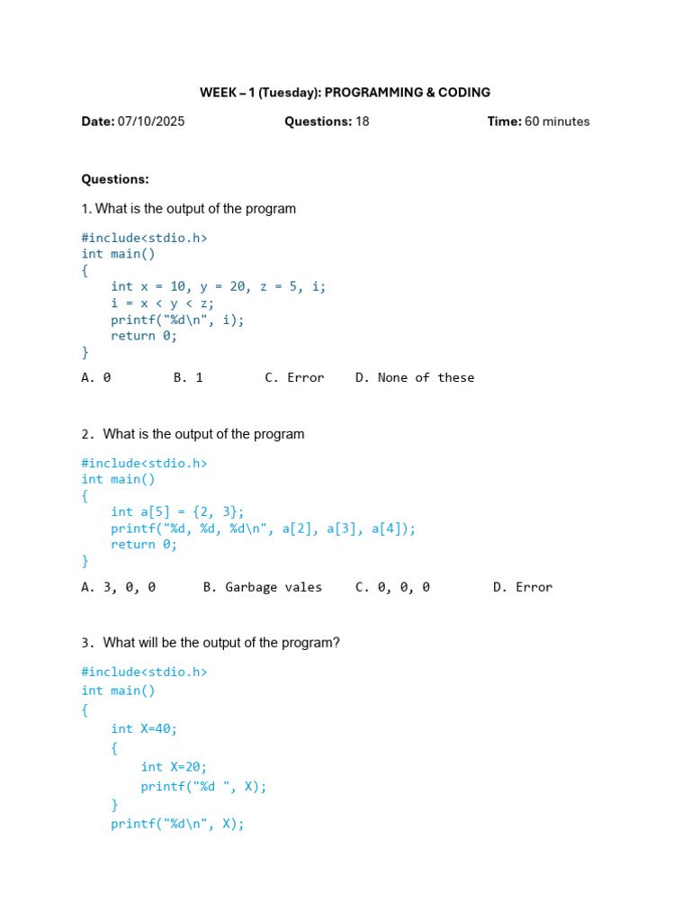 Programming&Coding Week 1 (Tuesday) Question | PDF | Integer (Computer ...