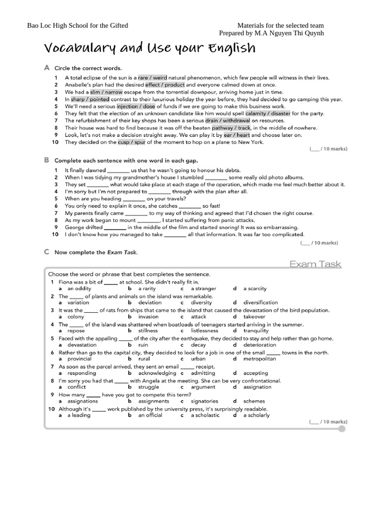 Vocabulary and Use of English - WEDNESDAY 5.6 | PDF