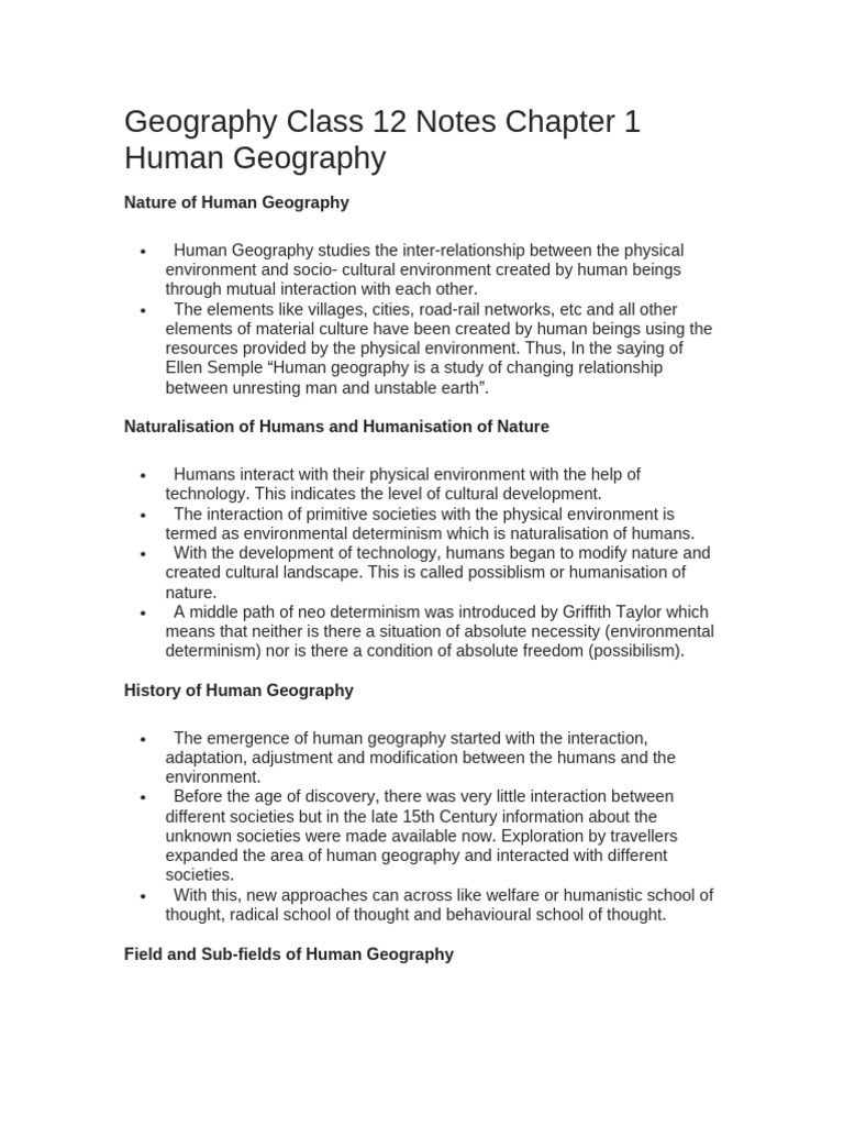 Human Geography Class 12 Overview | PDF
