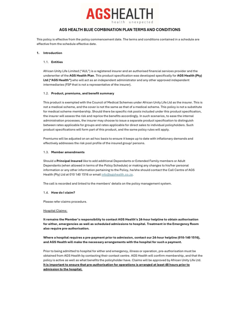 Ags Health Blue Combination Plan Policy Document 2025 | PDF | Insurance ...
