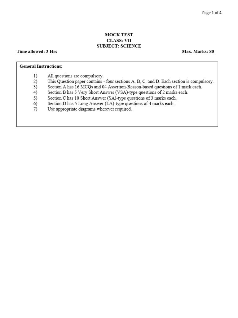 Class VII Science Mock Test Paper | PDF | Iron | Foods