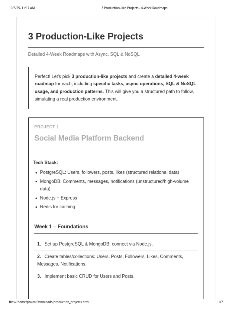 4-Week Roadmaps for 3 Projects | PDF | Postgre Sql | No Sql