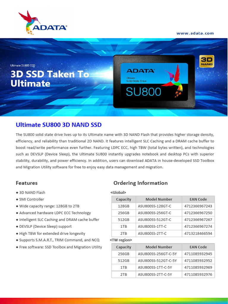 Adata-datasheet Su800 Ssd | PDF | Solid State Drive | Flash Memory