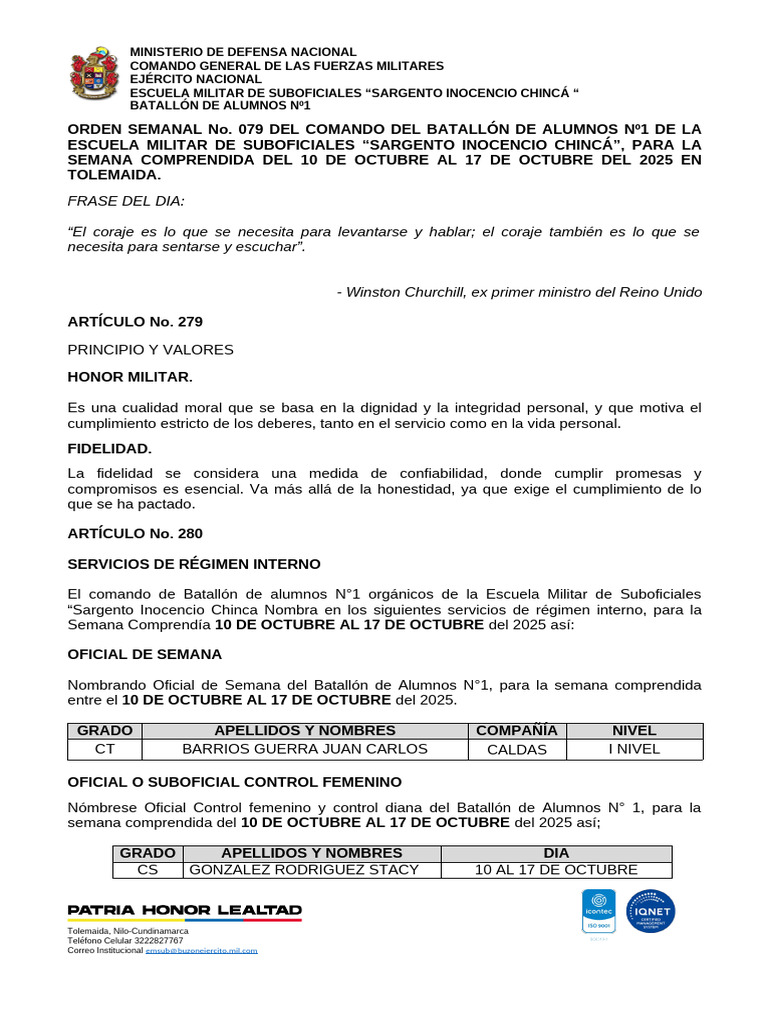 Orden Semanal No 079 | PDF | Sargento | Oficial no comisionado