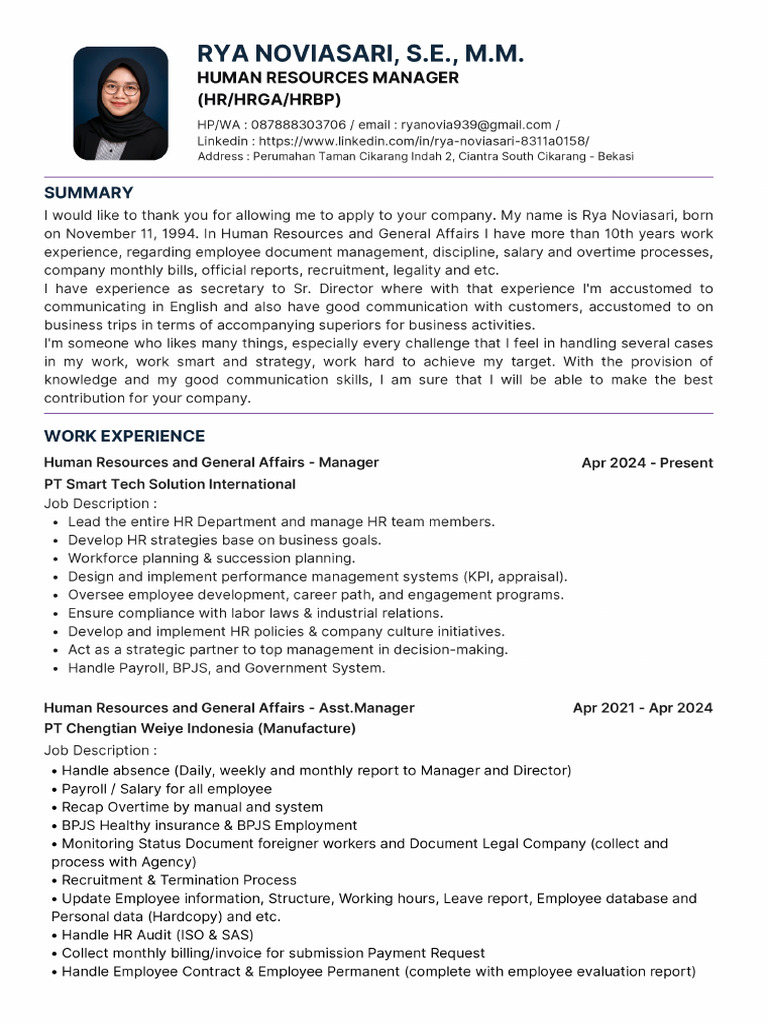 CV - Rya Noviasari - HR Manager | PDF
