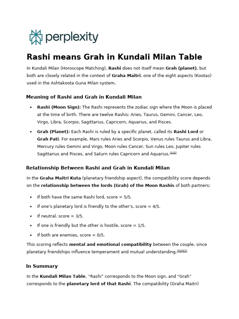 Rashi Means Grah in Kundali Milan Table | PDF | Planets In Astrology | Horoscope