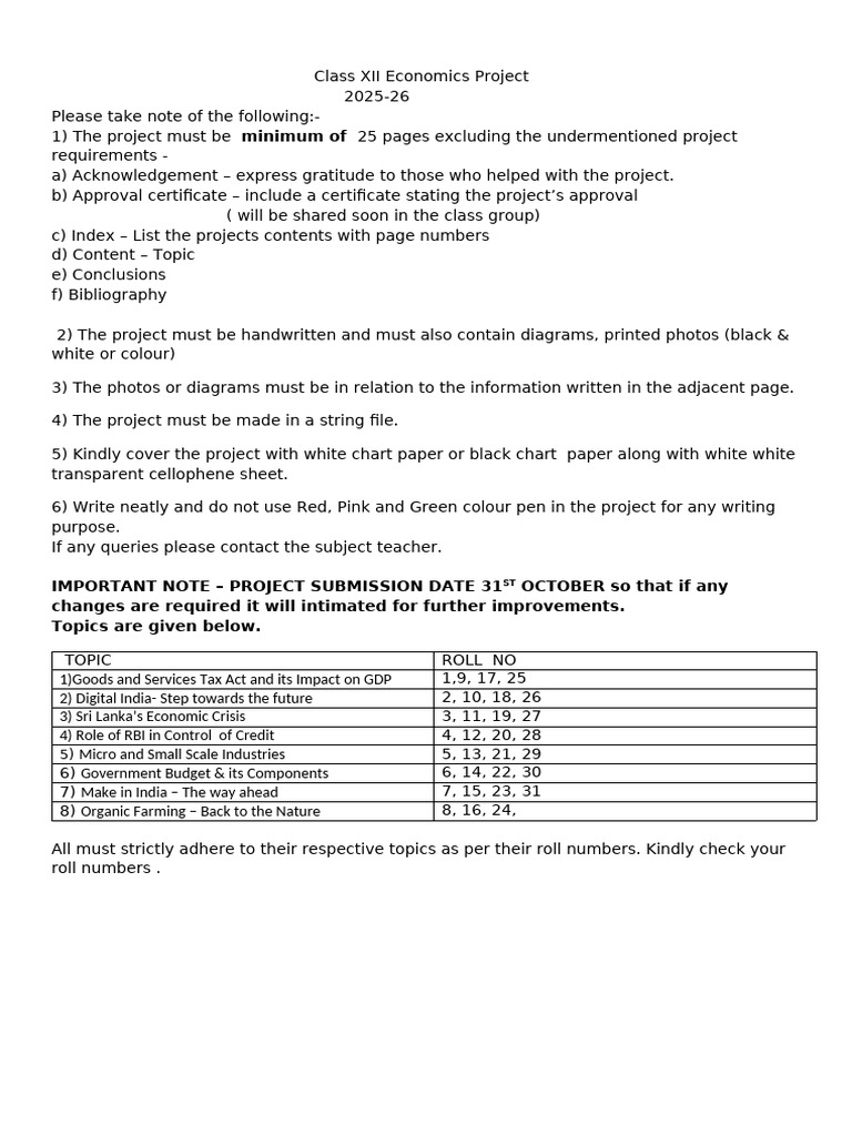 Class XII Economics Project Guidelines | PDF