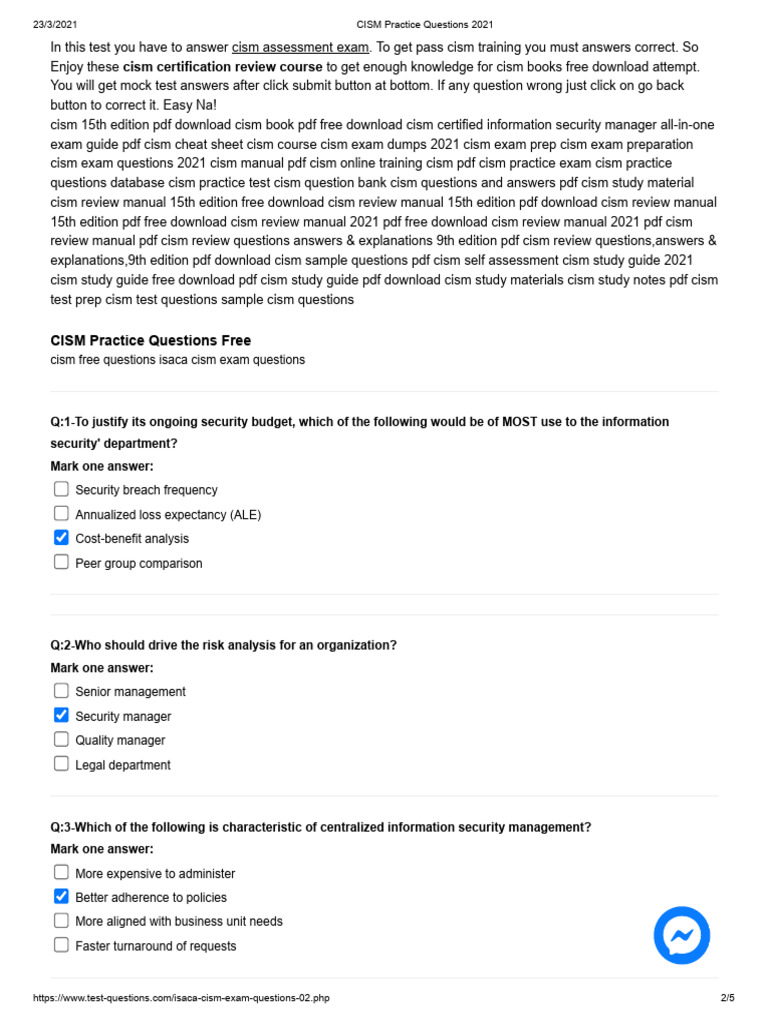 CISM Practice Questions Test 02 | PDF | Information Security | Chief ...