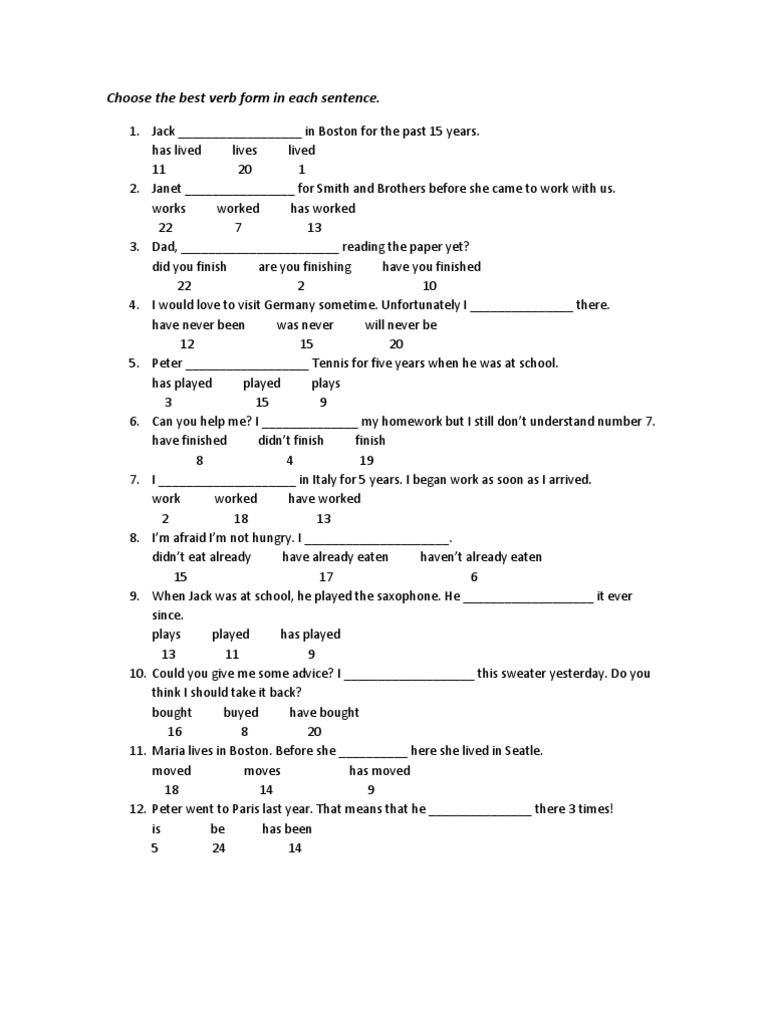 Verb Form Selection Quiz | PDF | Home & Garden