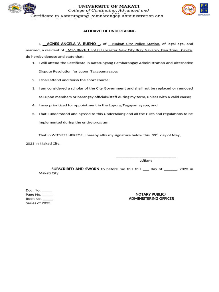 Affidavit of Undertaking Template Ckpaadre 2023 | PDF