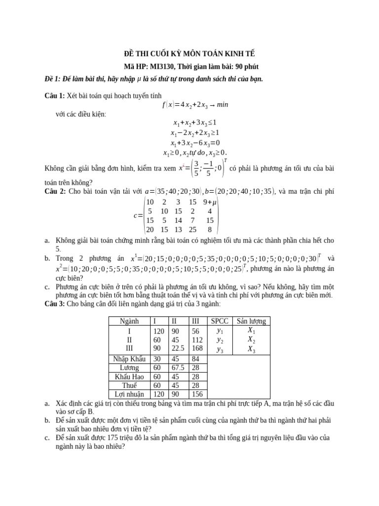 Đề Thi Cuối Kỳ Môn Toán Kinh Tế Mi3130 2024.2 Htttql (1) | PDF