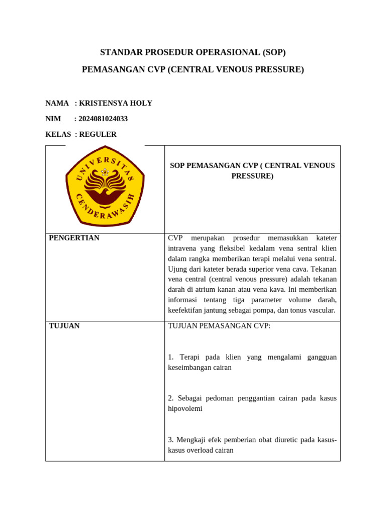 SOP Pemasangan dan Interpretasi CVP EKG | PDF