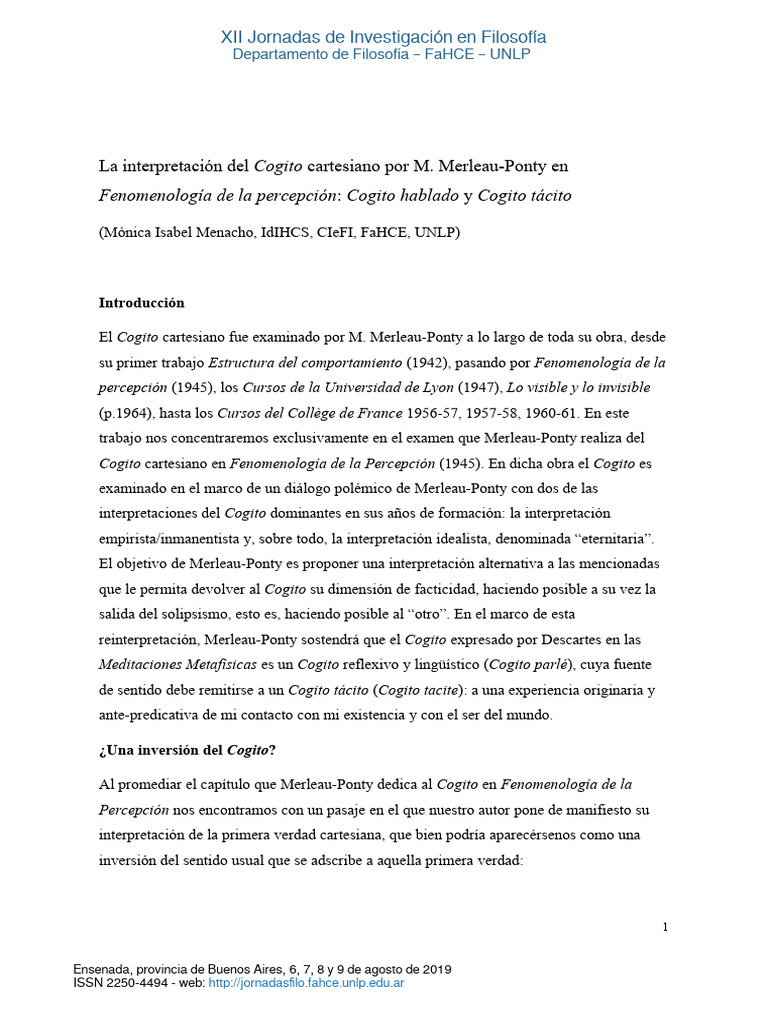 Cogito en Merleau Ponty | PDF | Pensamiento | René Descartes