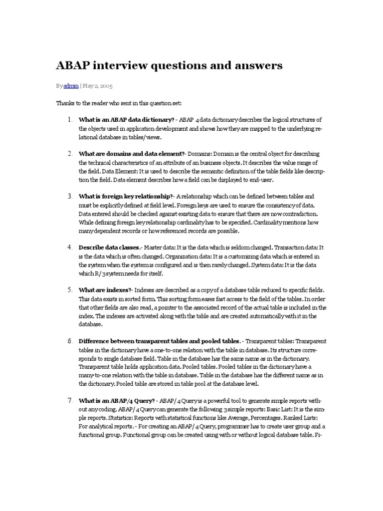 Abap Interview Questions Pdf Databases Object Computer Science