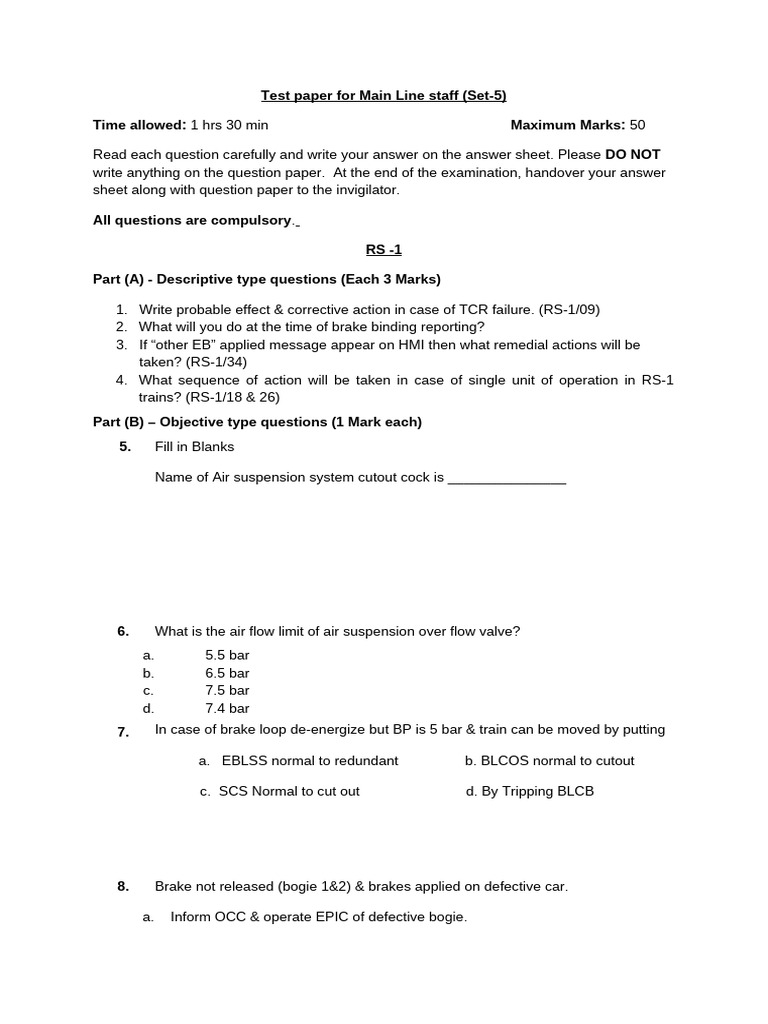 Test Paper For Mainline Staff Set-5 | PDF | Vehicles | Rolling Stock