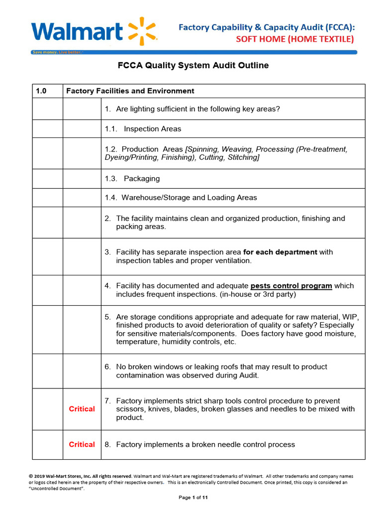 Walmart FCCA Audit Checklist Guide | PDF | Walmart | Calibration