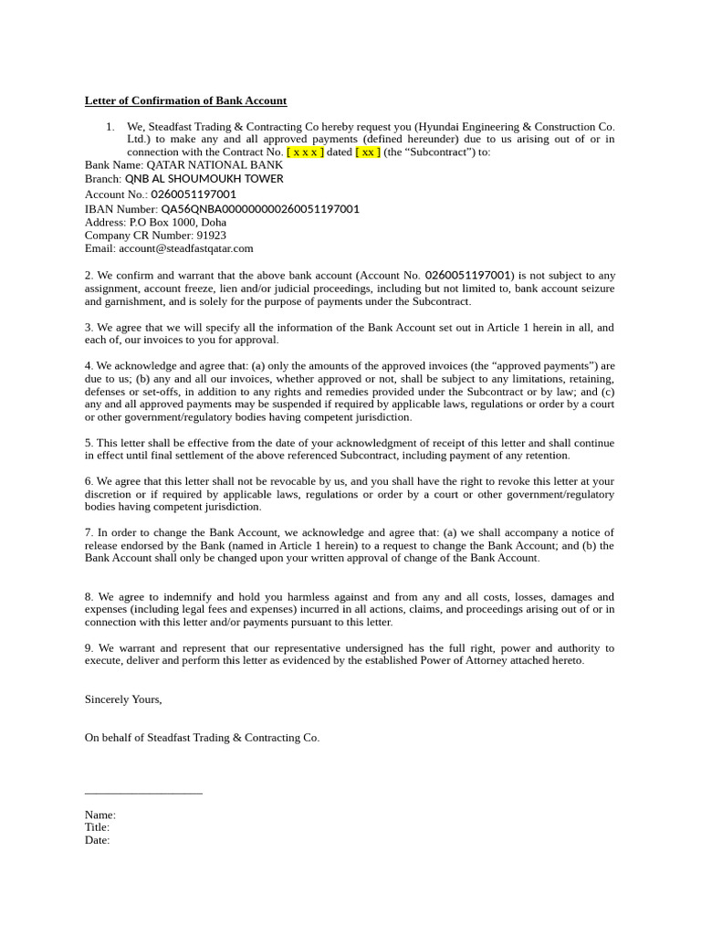 Bank Account Confirmation Letter | PDF | Indemnity | Private Law