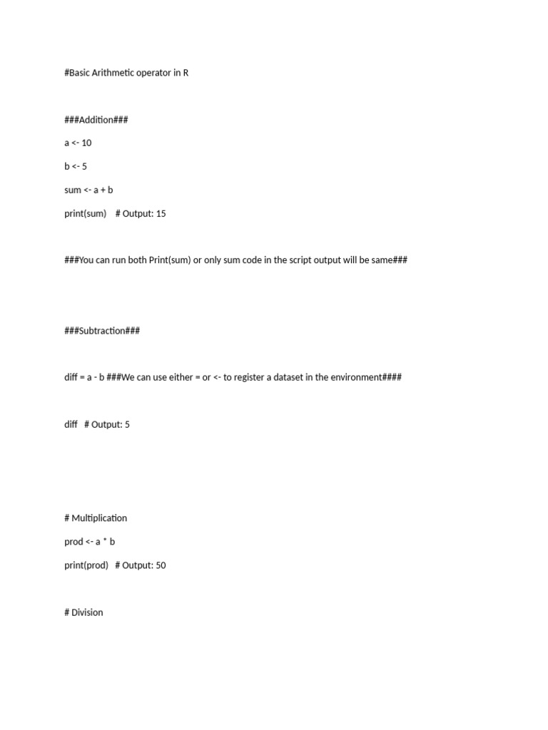 Arithmatic Operation in R | PDF