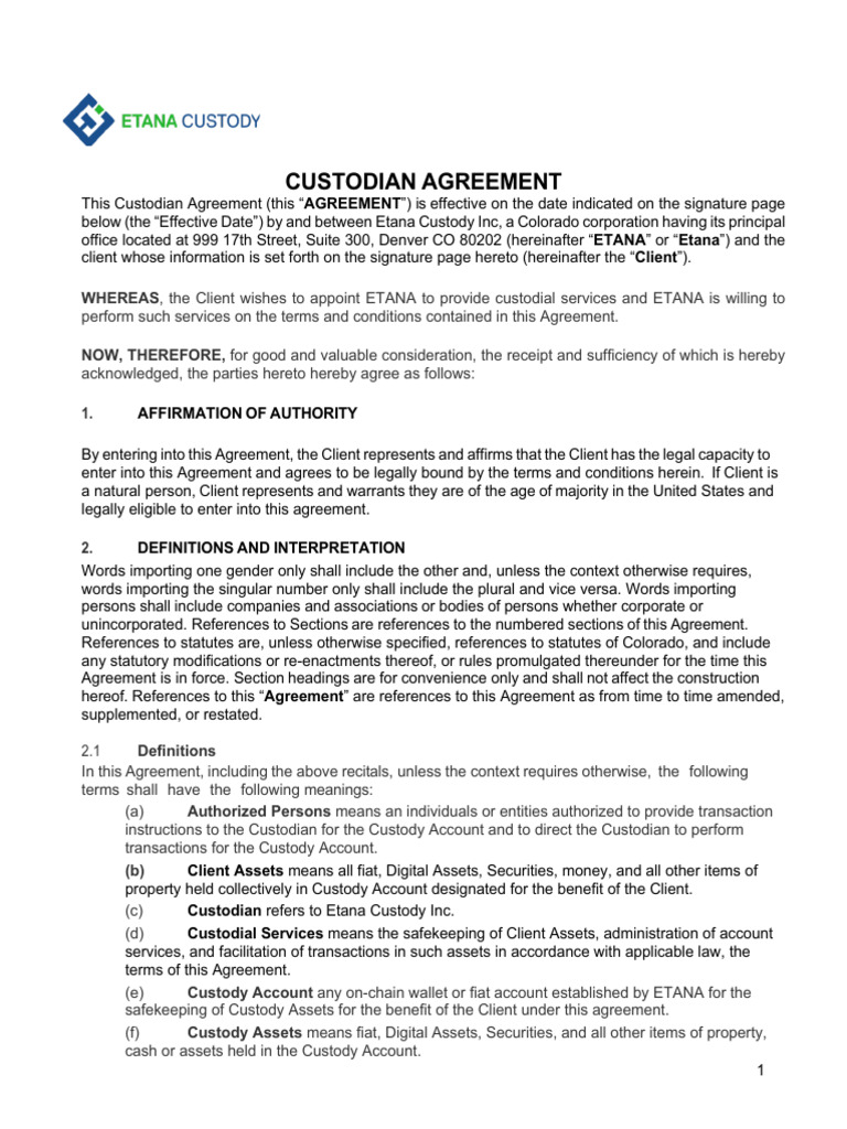 Etana Custody Inc Custodian Agreement 6 2025 | PDF | Securities ...