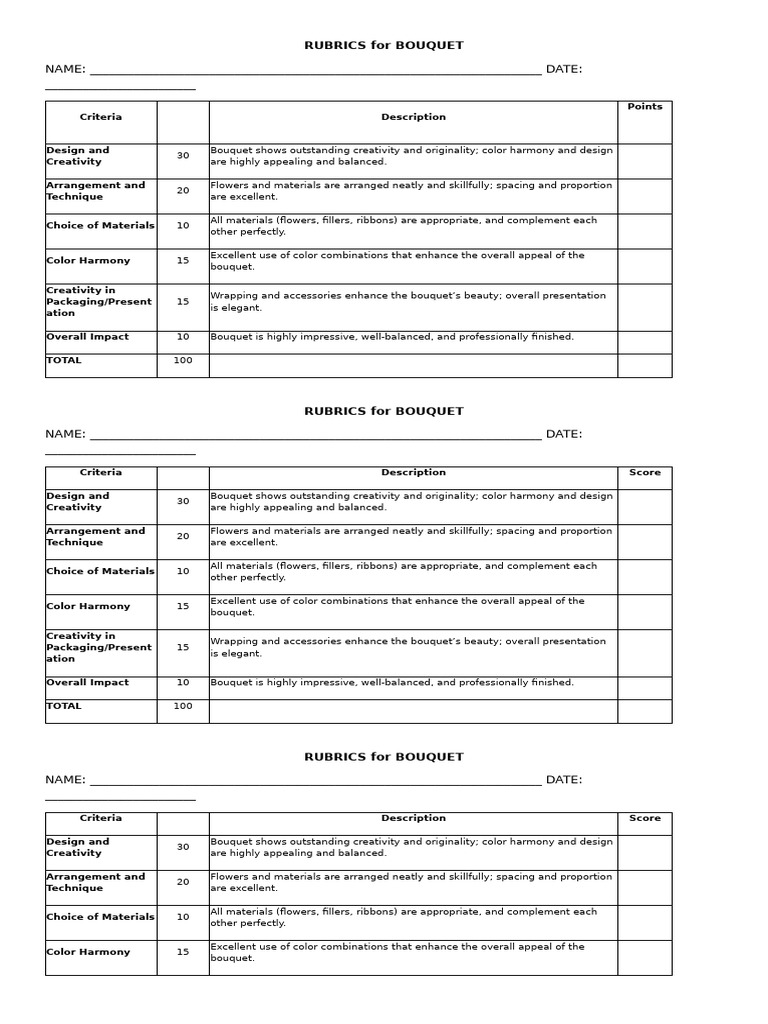 Bouquet Evaluation Rubric Guide | PDF | Flower Bouquet | Flowers