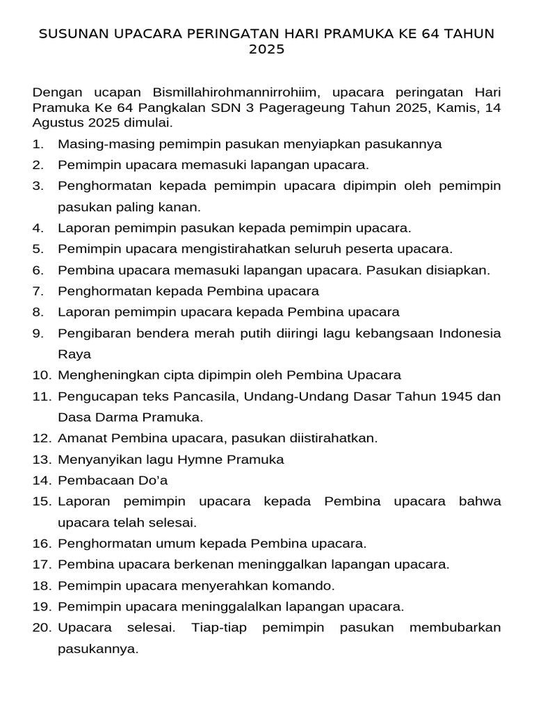 Susunan Upacara Hari Pramuka 2025 | PDF