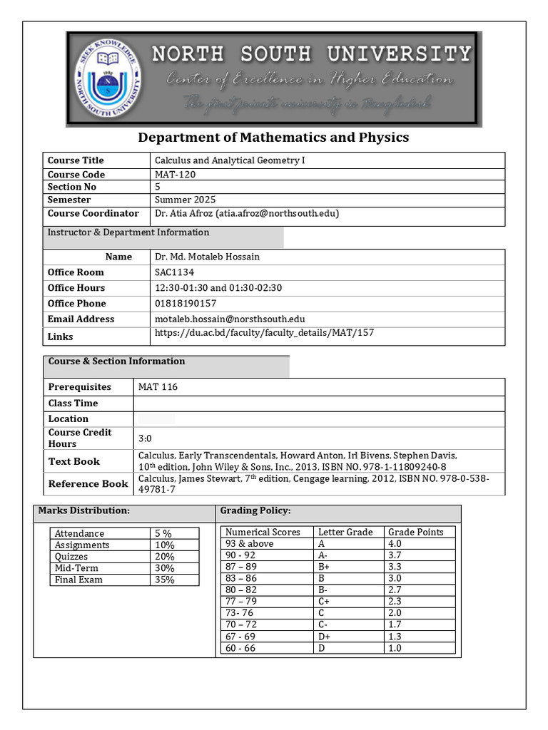 Course Outline MAT120 Summer2025 Sec5 | PDF | Integral | Function (Mathematics)