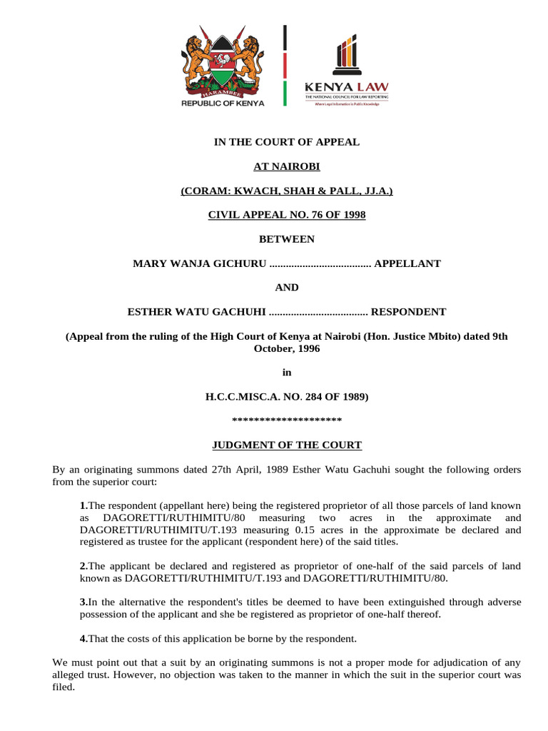 Mary Wanja Gichuru V Esther Watu Gachuhi 1998KECA13 (KLR) | PDF ...