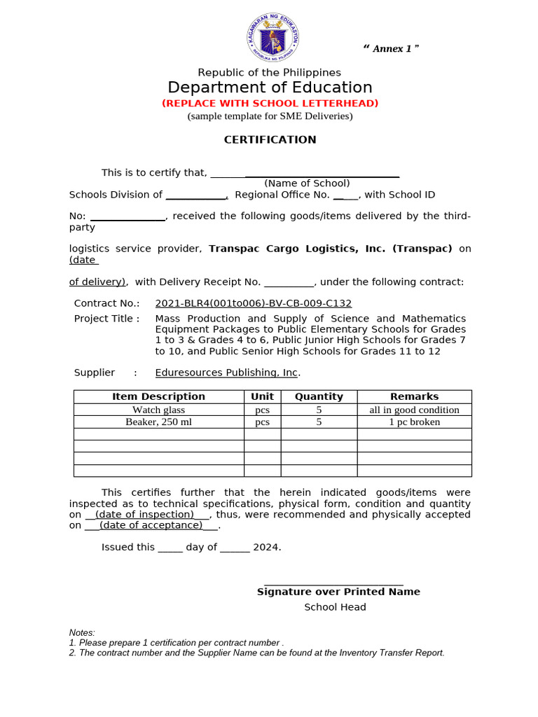 Sample Certification by the School Heads | PDF