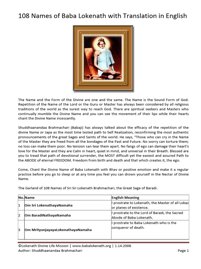 108 Names of Baba Lokenath With Translation in English | PDF | Deities ...