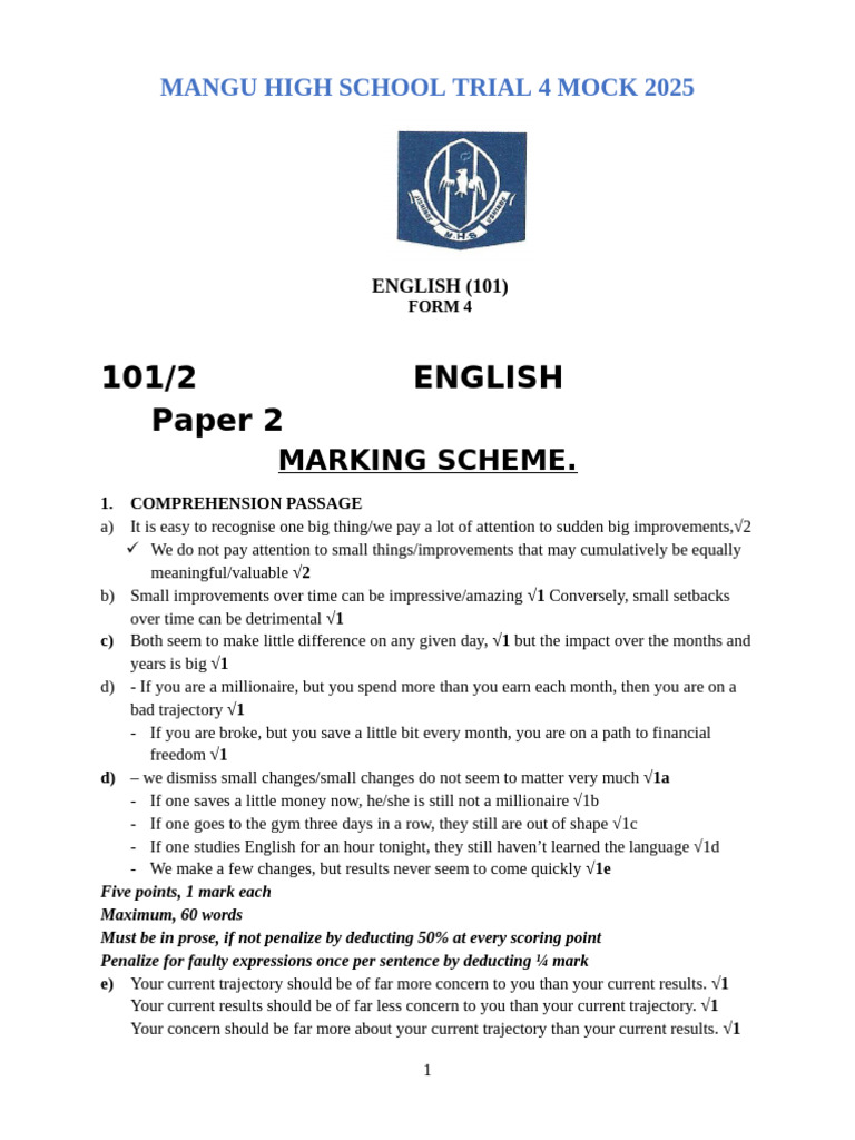 English Pp2 Marking Scheme | PDF