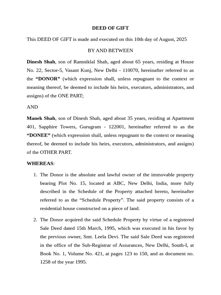 Sample Deed of Gift | PDF | Indemnity | Mortgage Law