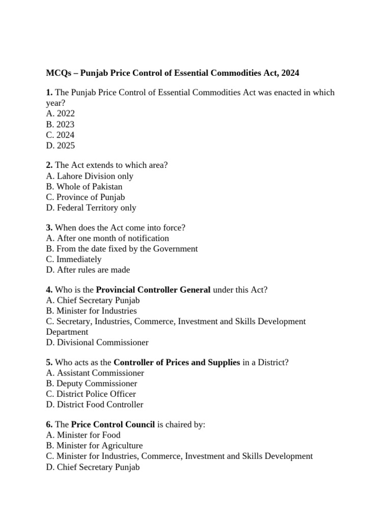 Punjab Price Control Act MCQs 2024 | PDF | Bail | Price Controls