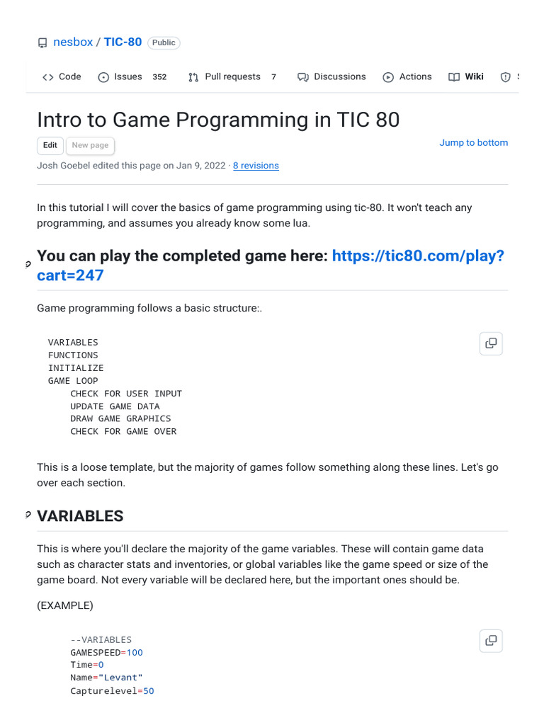 Intro To Game Programming in TIC 80 Nesbox - TIC-80 Wiki GitHub | PDF | Software | Software ...