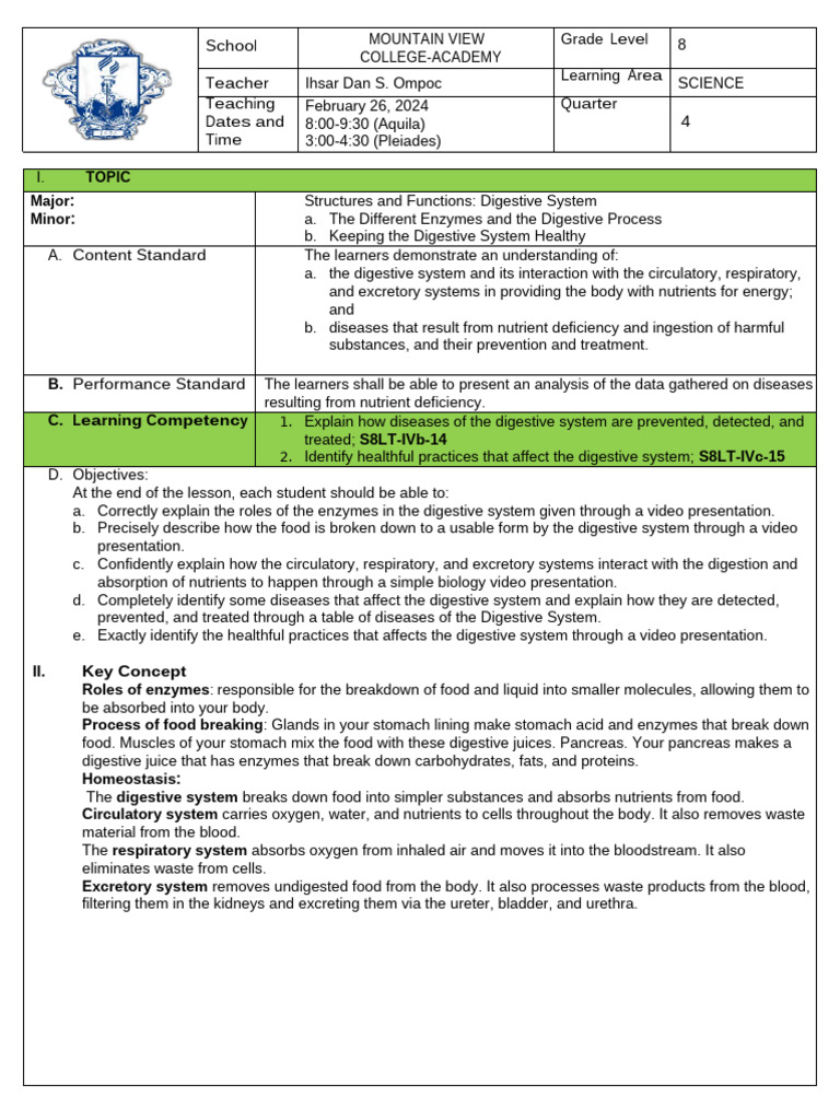 LESSON PLAN WEEK2 Monday SCI 8 | PDF | Digestion | Biology