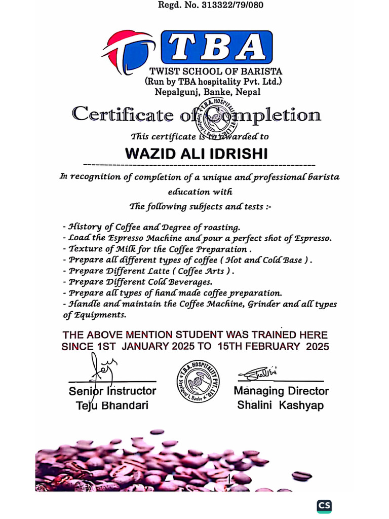Wazid Ali Idrishi Barista Certificate | PDF